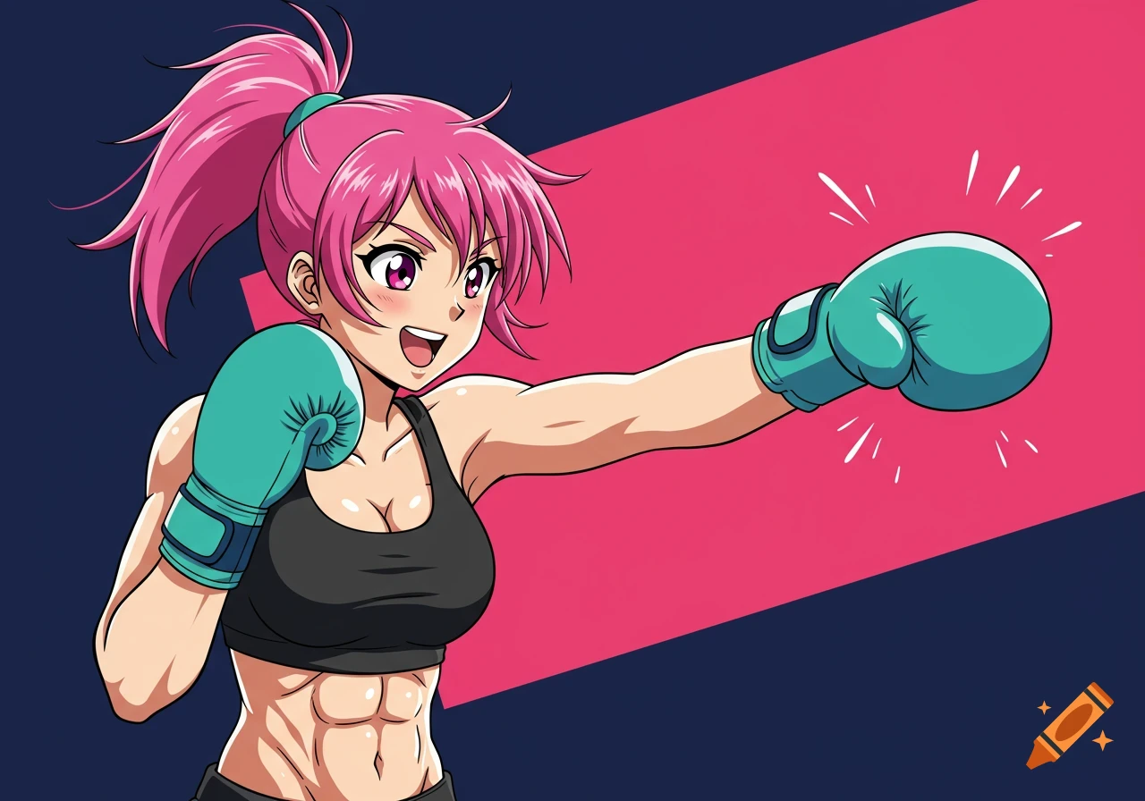 Anime girl with pink hair punching while wearing boxing gloves and a ...
