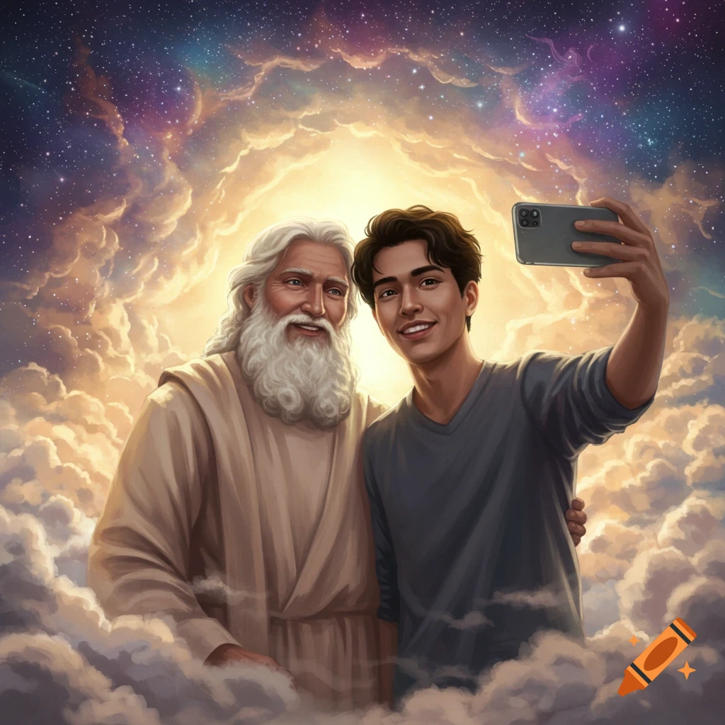 God and a person take a selfie in clouds with starry sky. on Craiyon