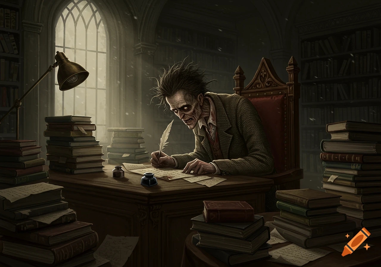 Zombie-like writer working at desk in gothic library on Craiyon