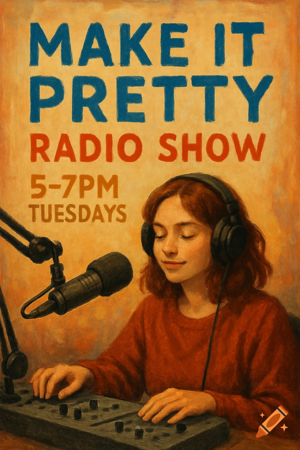 A painted poster for a radio show featuring a person with headphones at ...