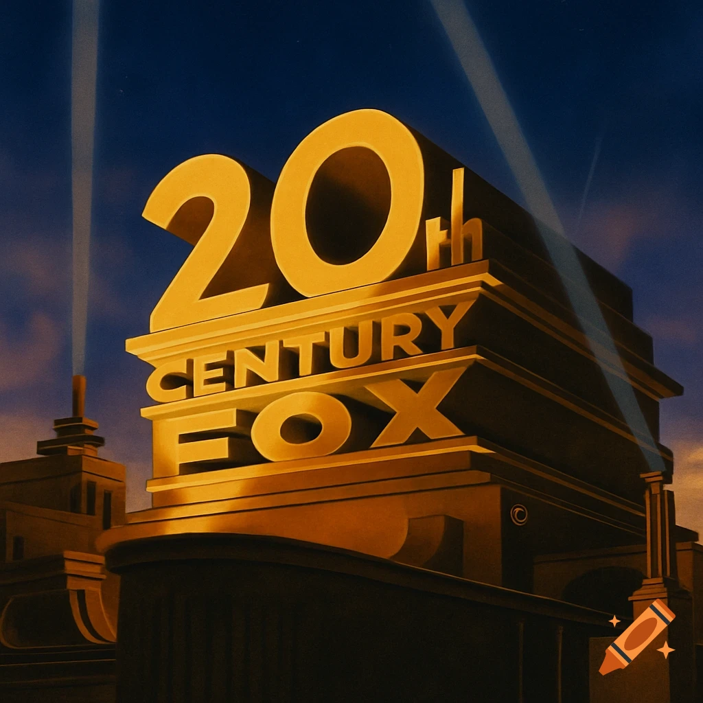 Golden 20th Century Fox logo structure with searchlights against a dramatic sky. on Craiyon