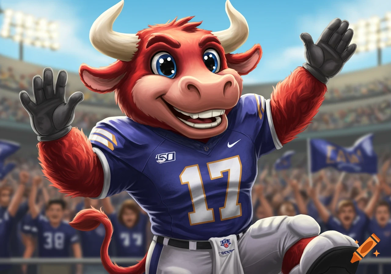 Cartoon bull mascot in a football jersey raising hands in a stadium ...
