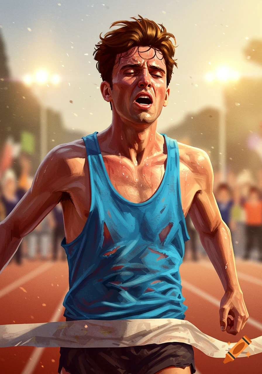 Exhausted male runner crosses the finish line in an illustrated style ...