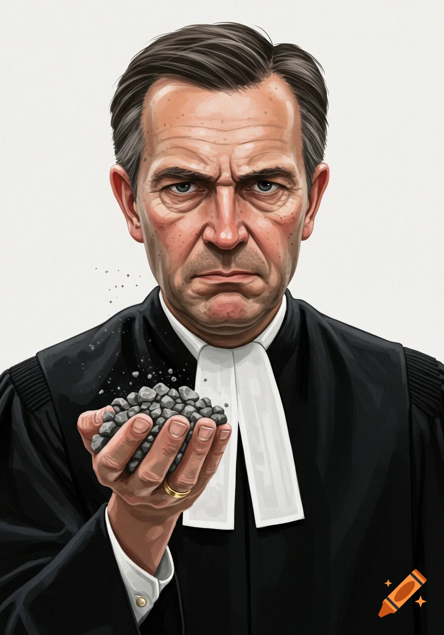 A stylized portrait of a judge in robes holding a pile of gravel. on ...