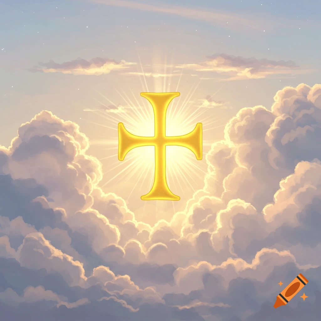 Golden cross symbol radiating light in a cloudy sky. on Craiyon