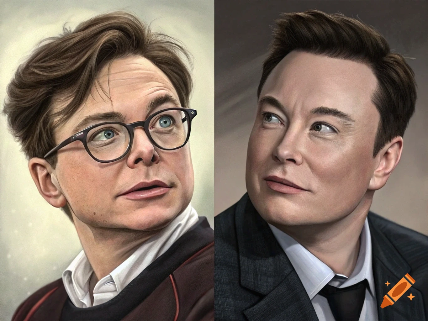 Digital portraits of two people, one wearing glasses and a sweater, the ...