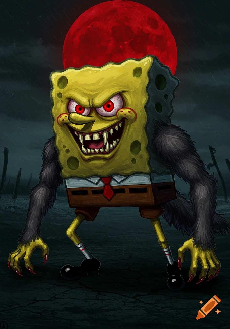 Spongebob as a monster with red eyes, fangs, and claws stands under a ...