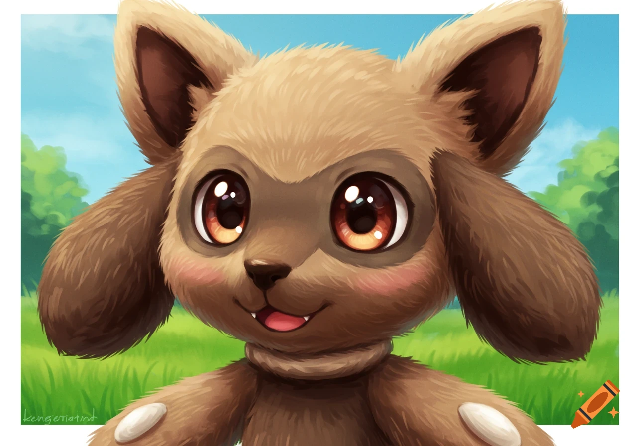 Close-up portrait of a cute Riolu Pokemon smiling in a grassy field. on ...