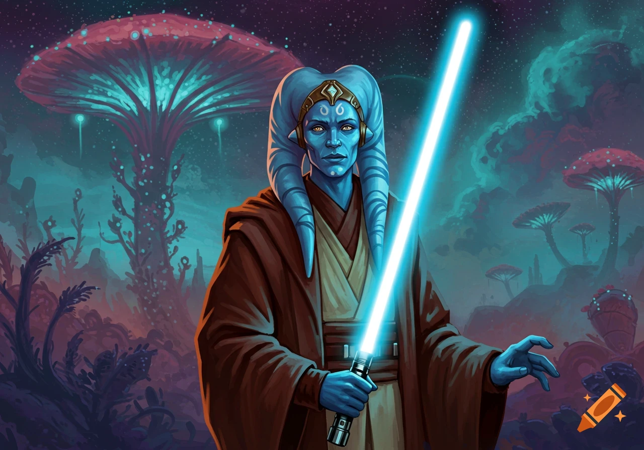 A blue-skinned alien Jedi holding a lightsaber in an alien landscape ...