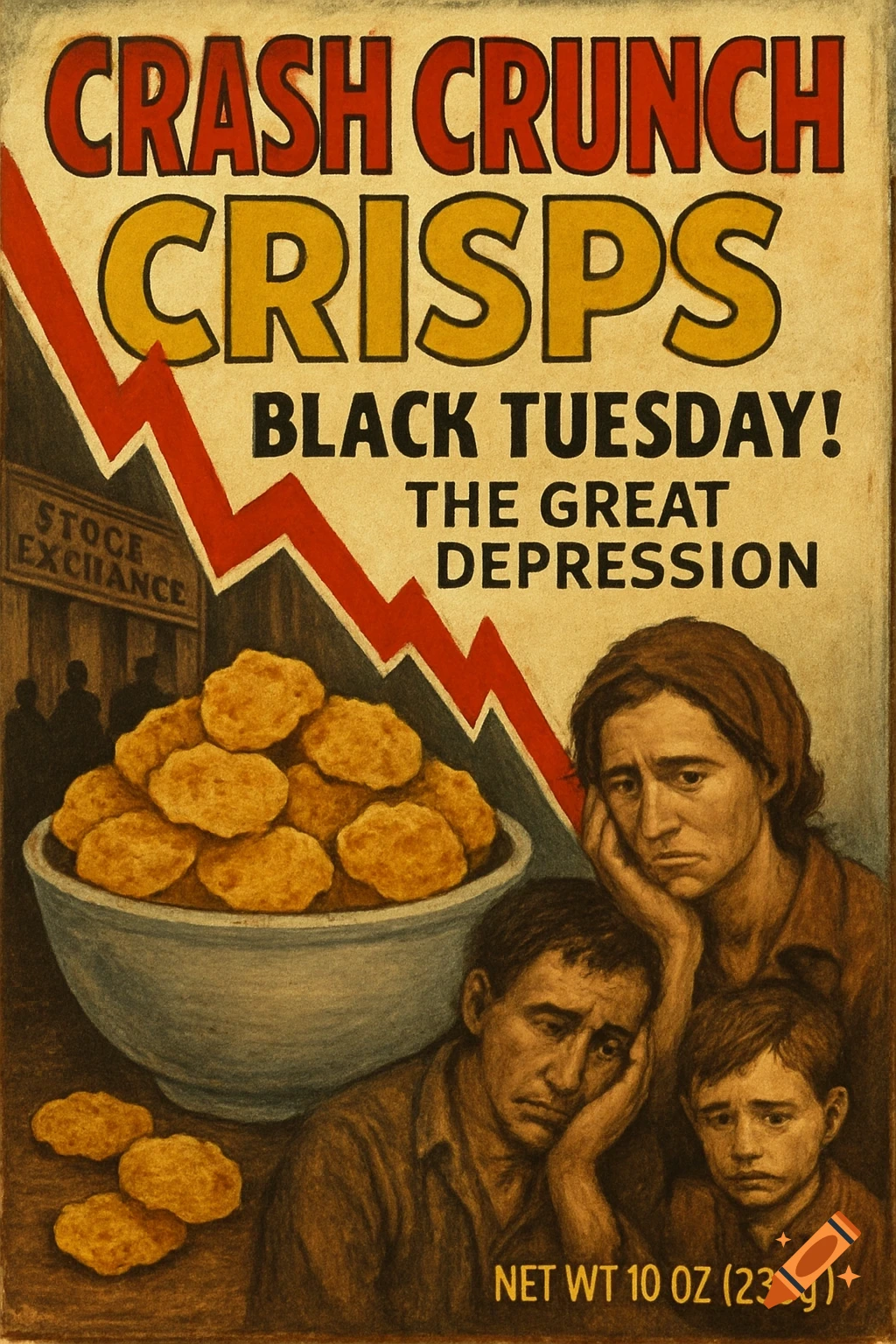 Vintage style poster for 'Crash Crunch Crisps' with sad family and ...