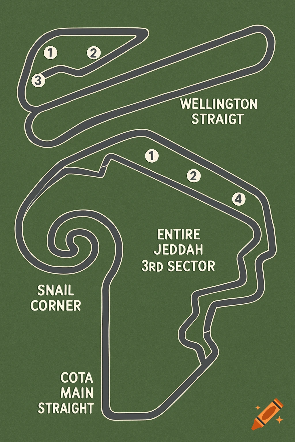 Stylized map of a composite race track layout with labeled sections and ...