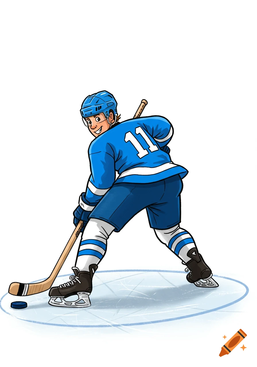 Cartoon male hockey player skating backward and looking back on the ice ...