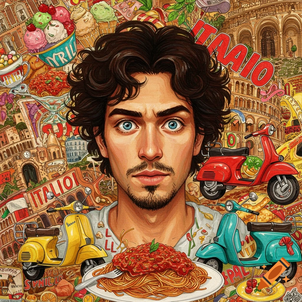 A collage illustration featuring Italian cultural elements like ...