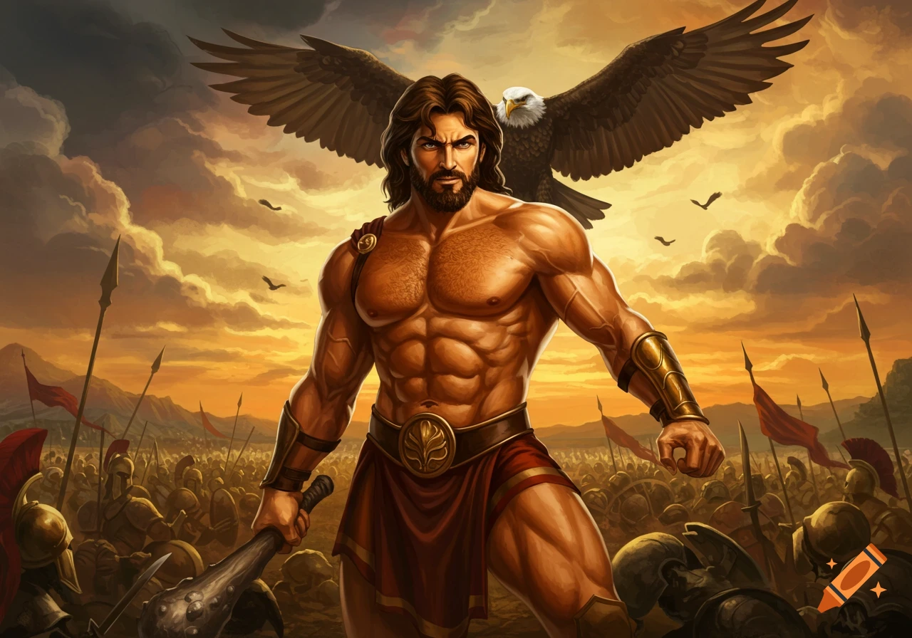 Muscular Hercules with an eagle stands before an army on a battlefield ...