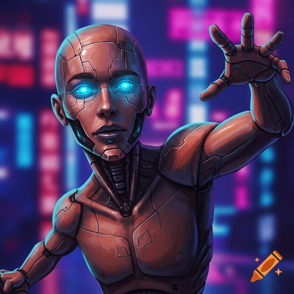 A red metallic cyborg figure with glowing blue eyes reaches out its ...