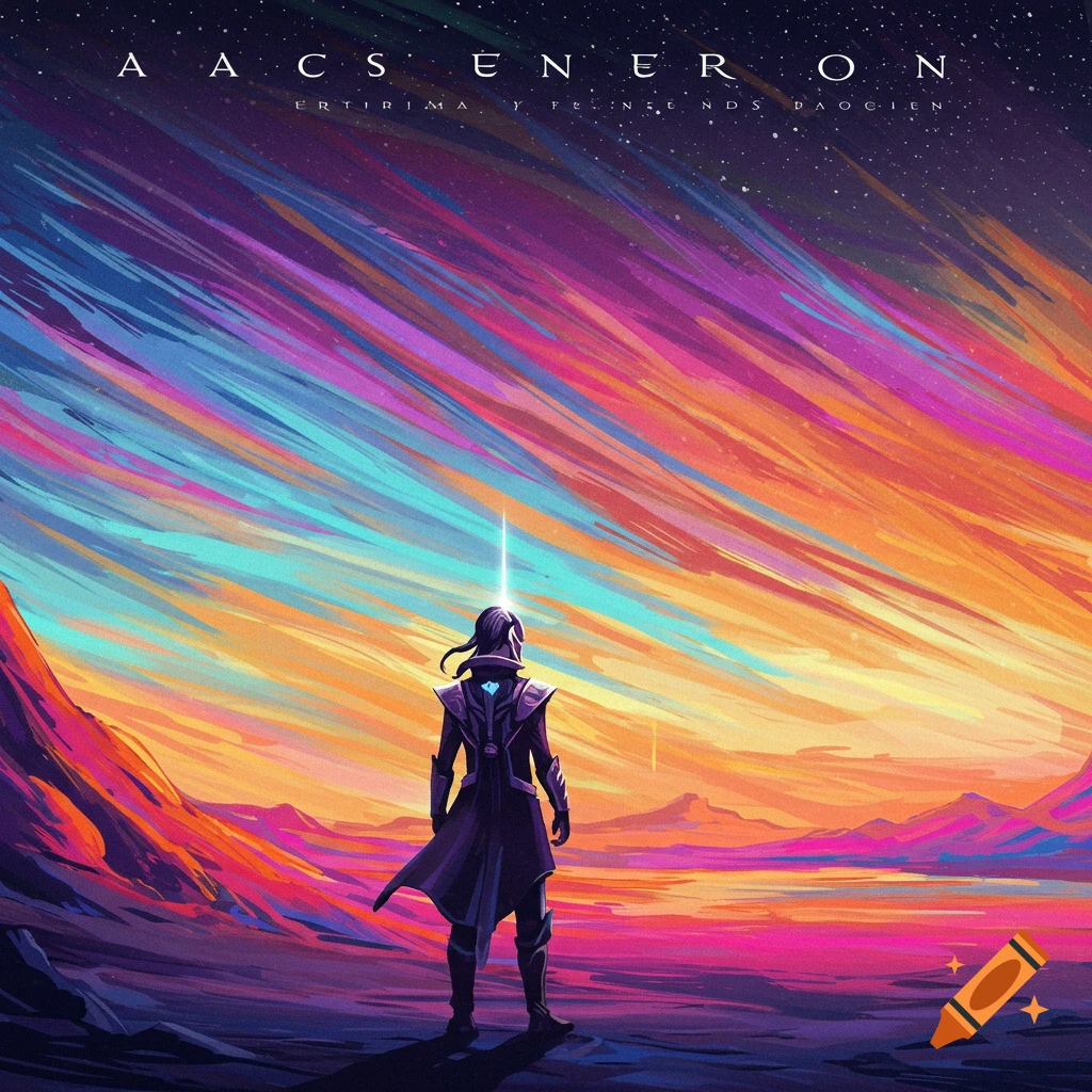 Person in futuristic armor gazes at a vibrant alien sky over colorful ...