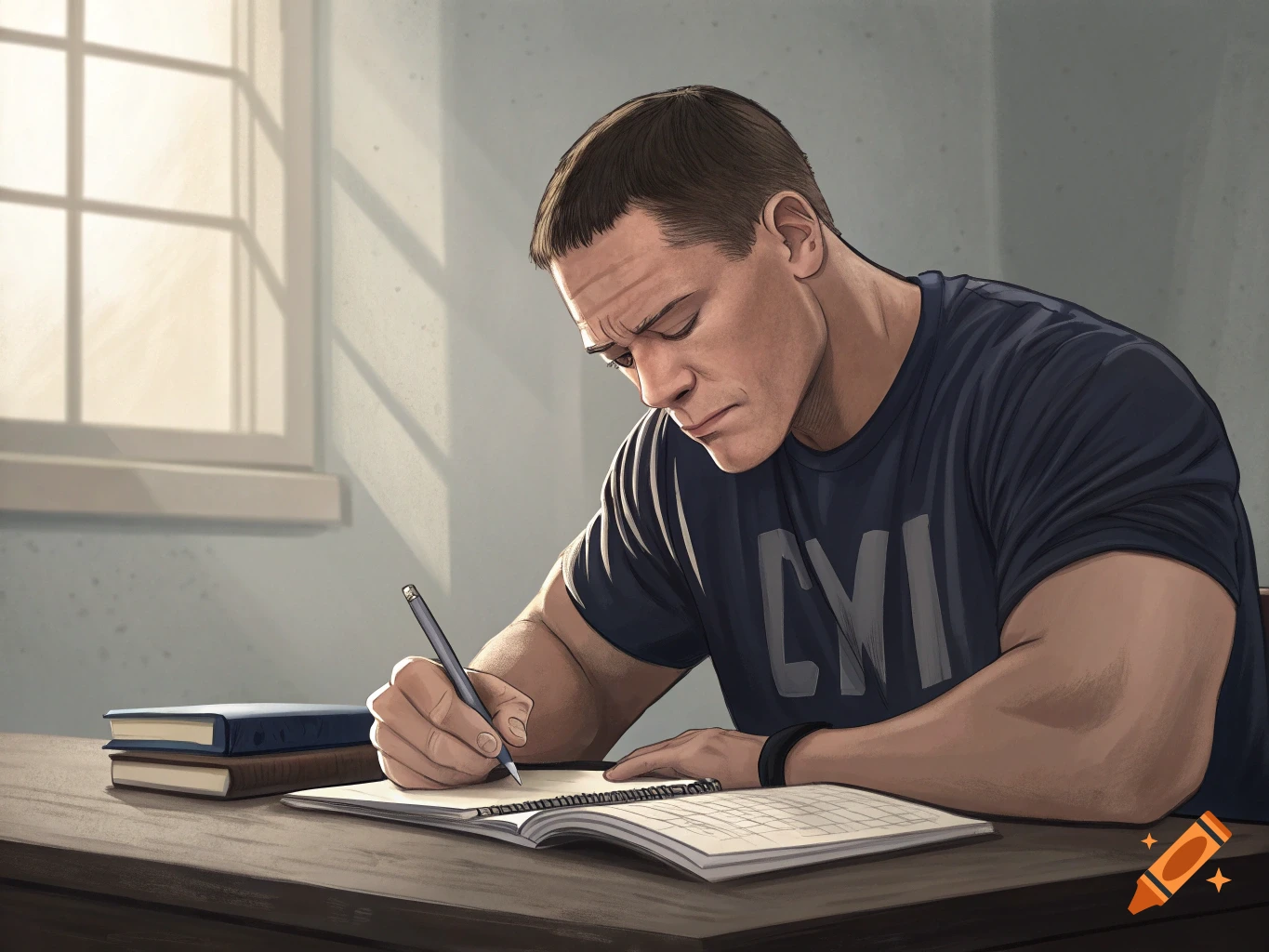 Illustration of John Cena writing in a notebook at a desk. on Craiyon
