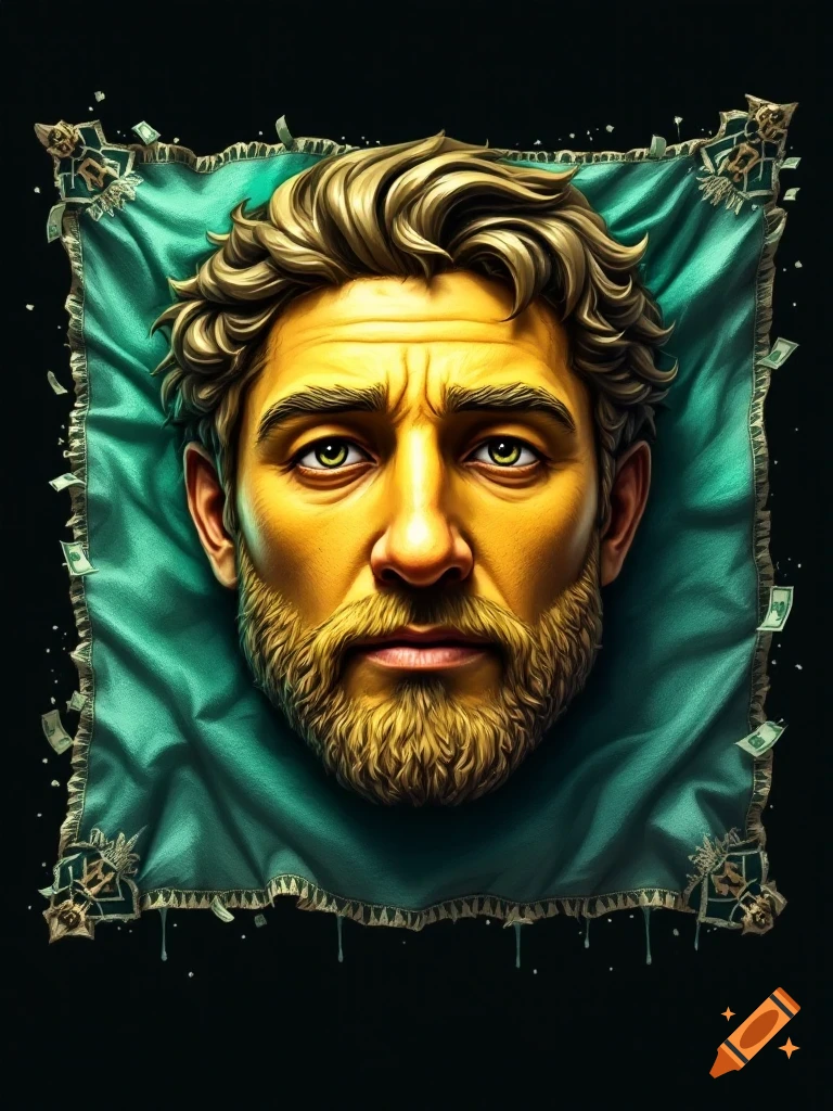 Portrait of a golden-skinned man's face on a teal banner decorated with ...