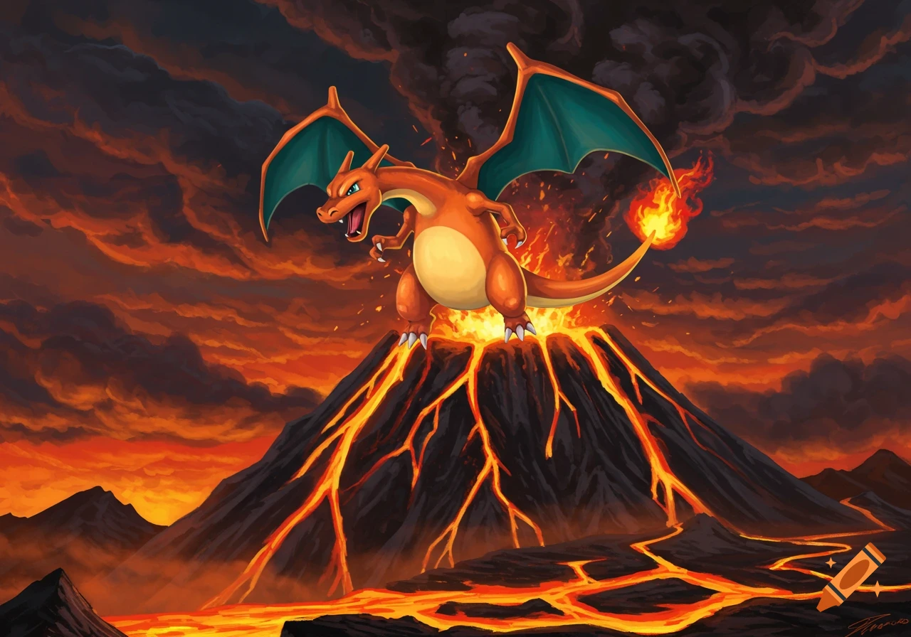 Charizard stands atop an erupting volcano with lava flows and fiery sky ...