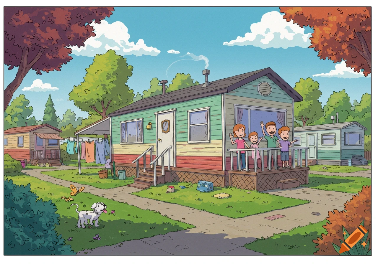 Cartoon illustration of a family waving from a trailer home porch with ...