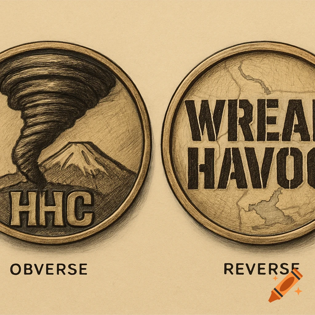 Sketch of two military challenge coins. One shows a tornado and 'HHC ...