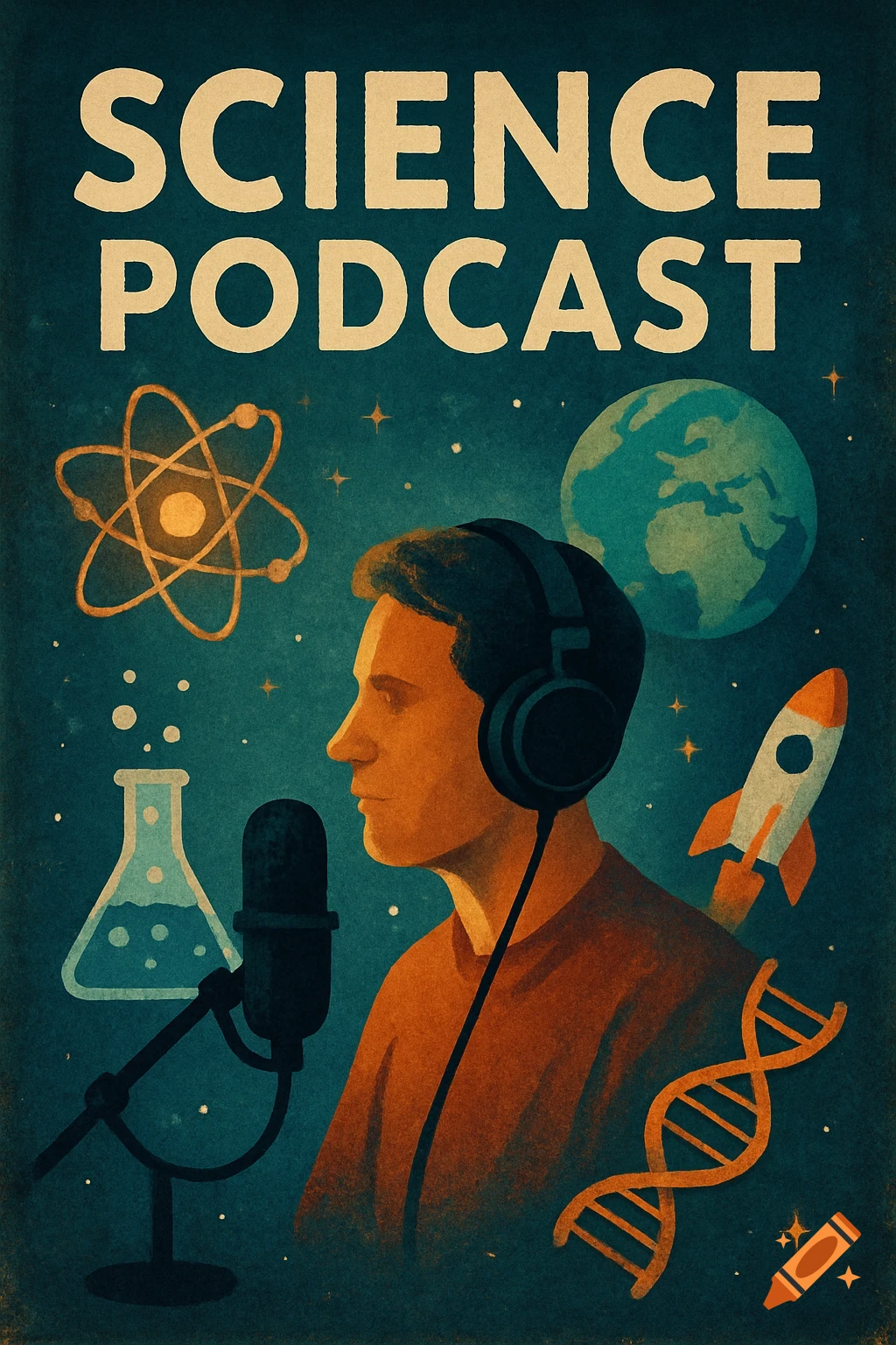 Illustration of a man speaking into a microphone surrounded by science ...