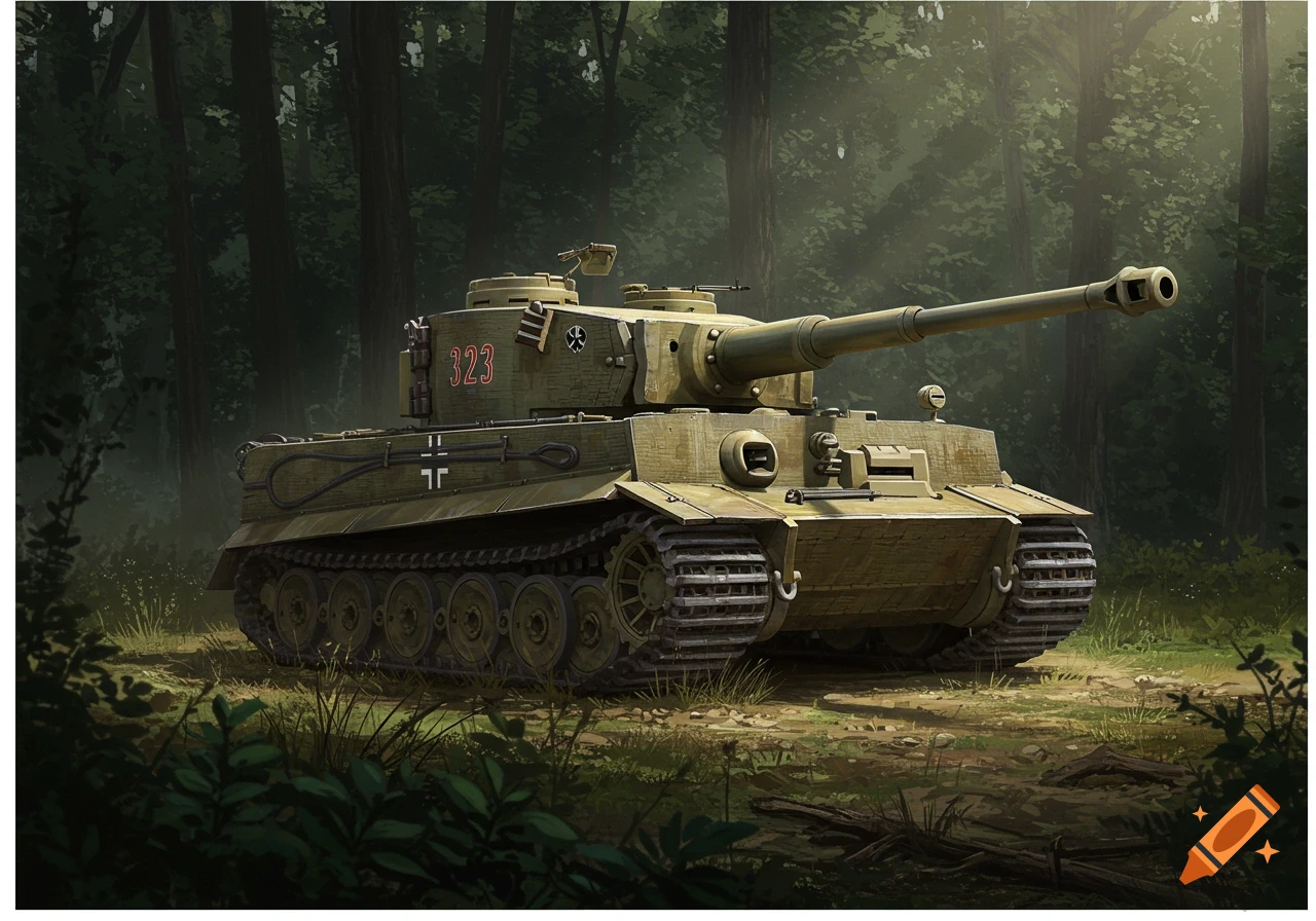 A realistic illustration of a German Tiger tank marked with '323' in a ...