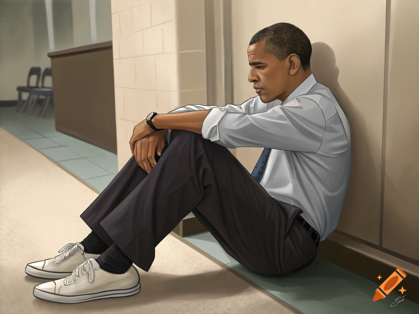 Illustration of Barack Obama sitting in a corner looking sad on Craiyon