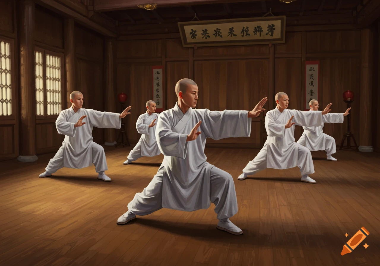 Several monks in white robes practice Taijiquan stances in a traditional wooden hall. on Craiyon