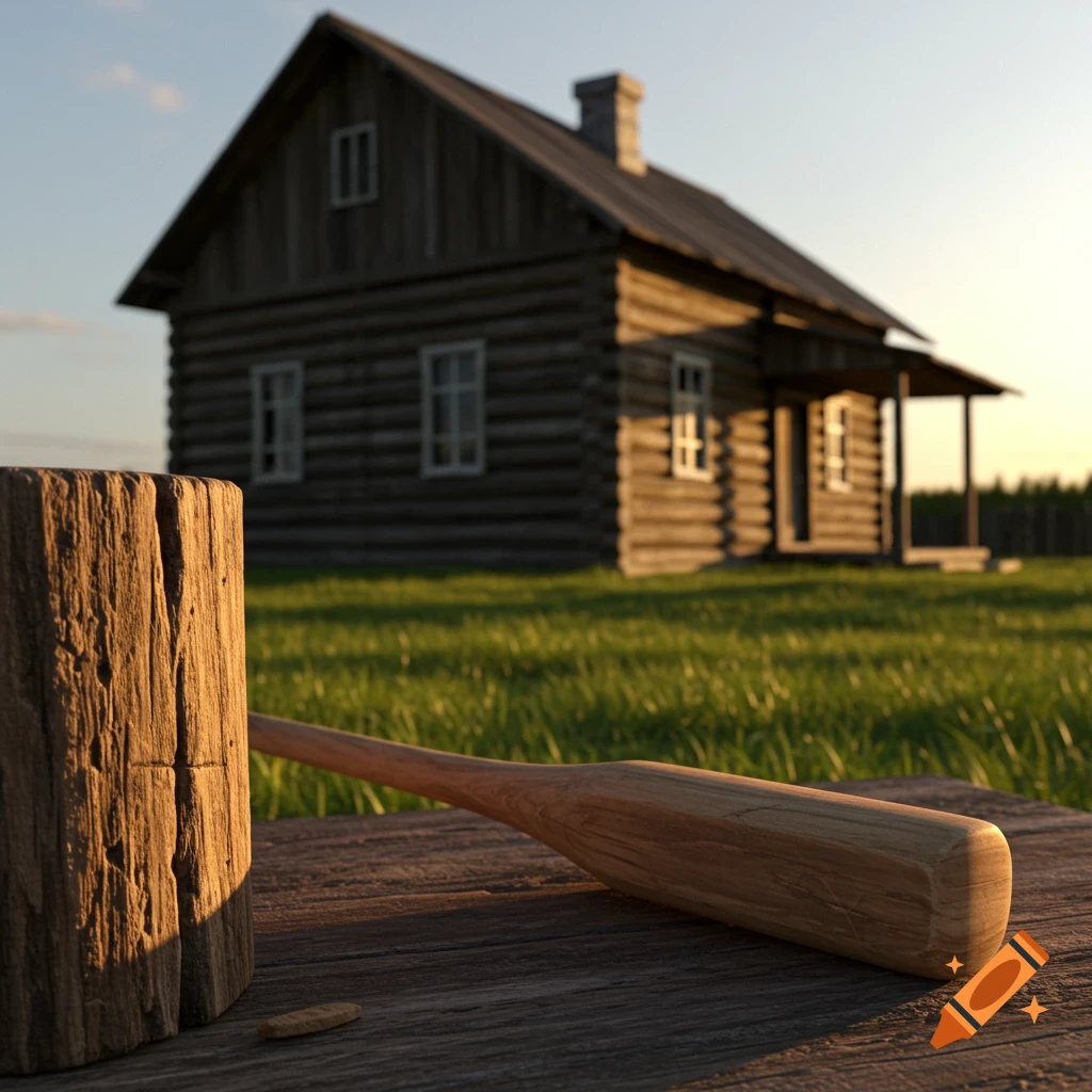 Wooden bat and wood piece on a table in front of a log cabin at sunset ...
