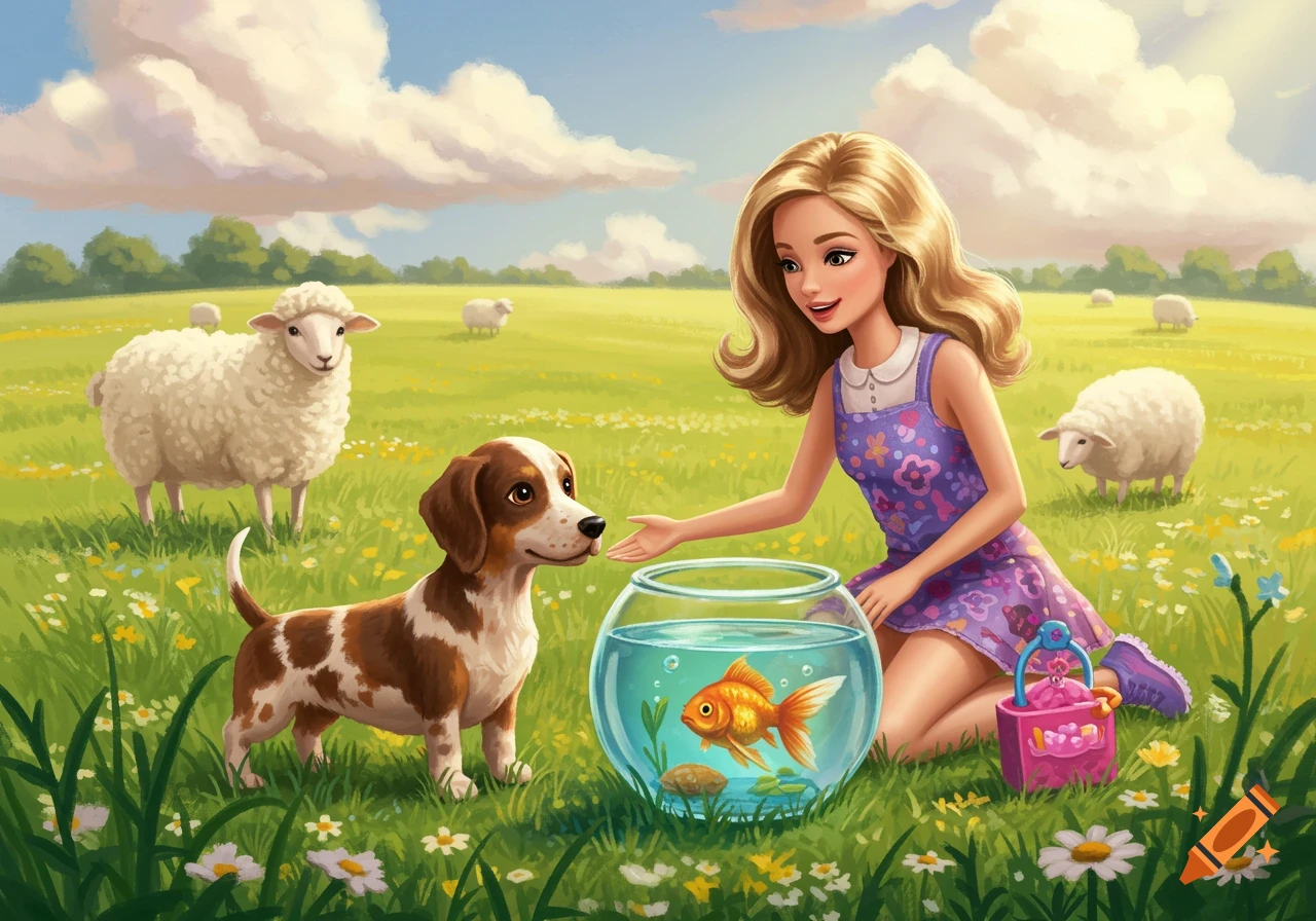 Illustration of a doll kneeling in a field with a dog, a goldfish in a ...