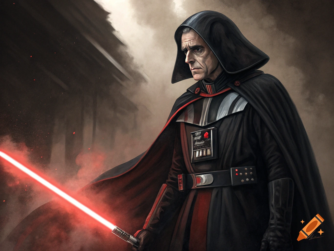 A portrait of a man dressed as a Sith Lord from Star Wars holding a red ...