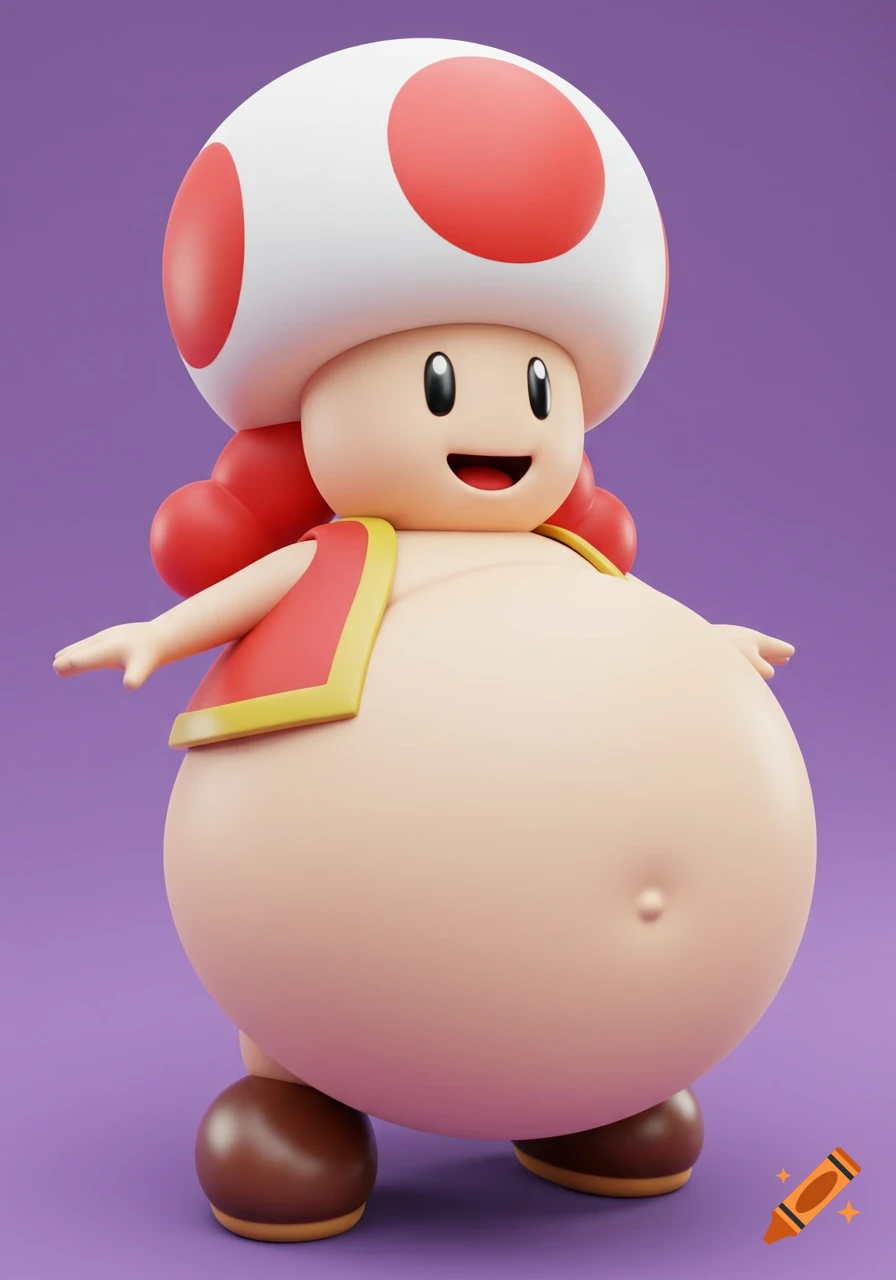 A 3D render of a character similar to Toadette with a very large belly ...