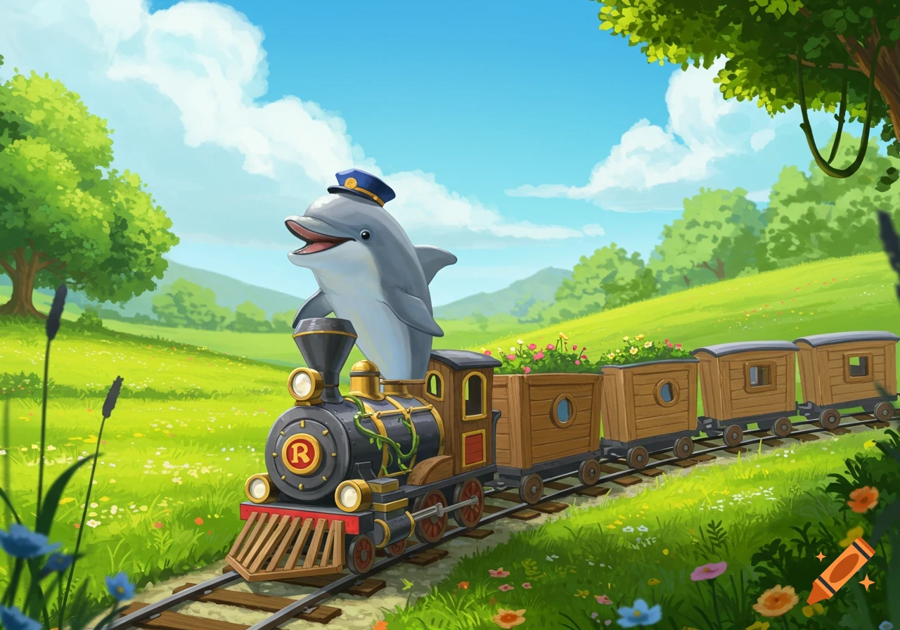 Cartoon dolphin in a conductor's hat riding a train through a sunny ...