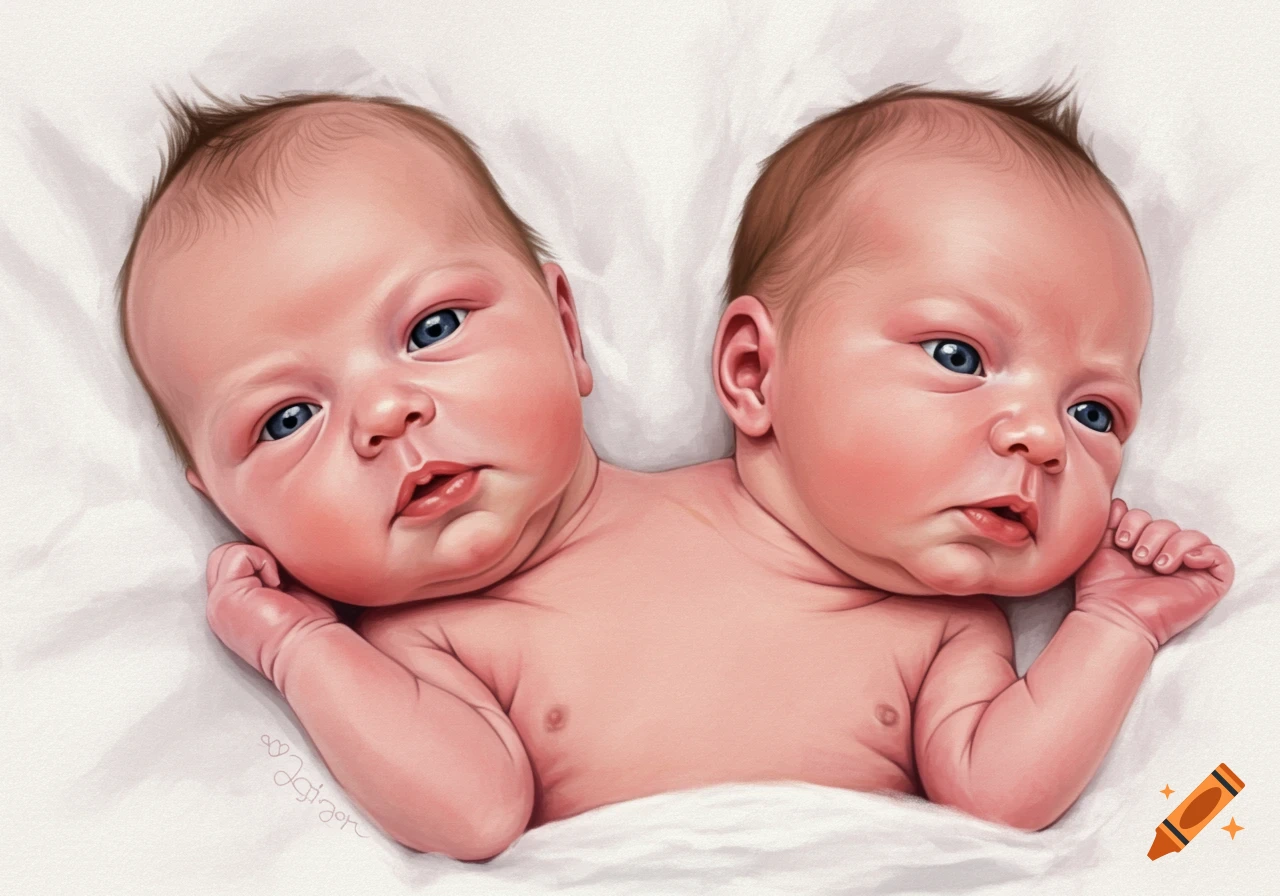 Realistic painting of a two-headed newborn baby (conjoined twins) on a ...