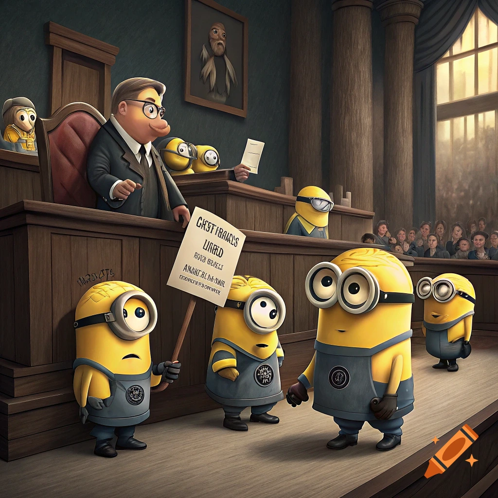 Cartoon minions and a man in a courtroom trial scene. on Craiyon