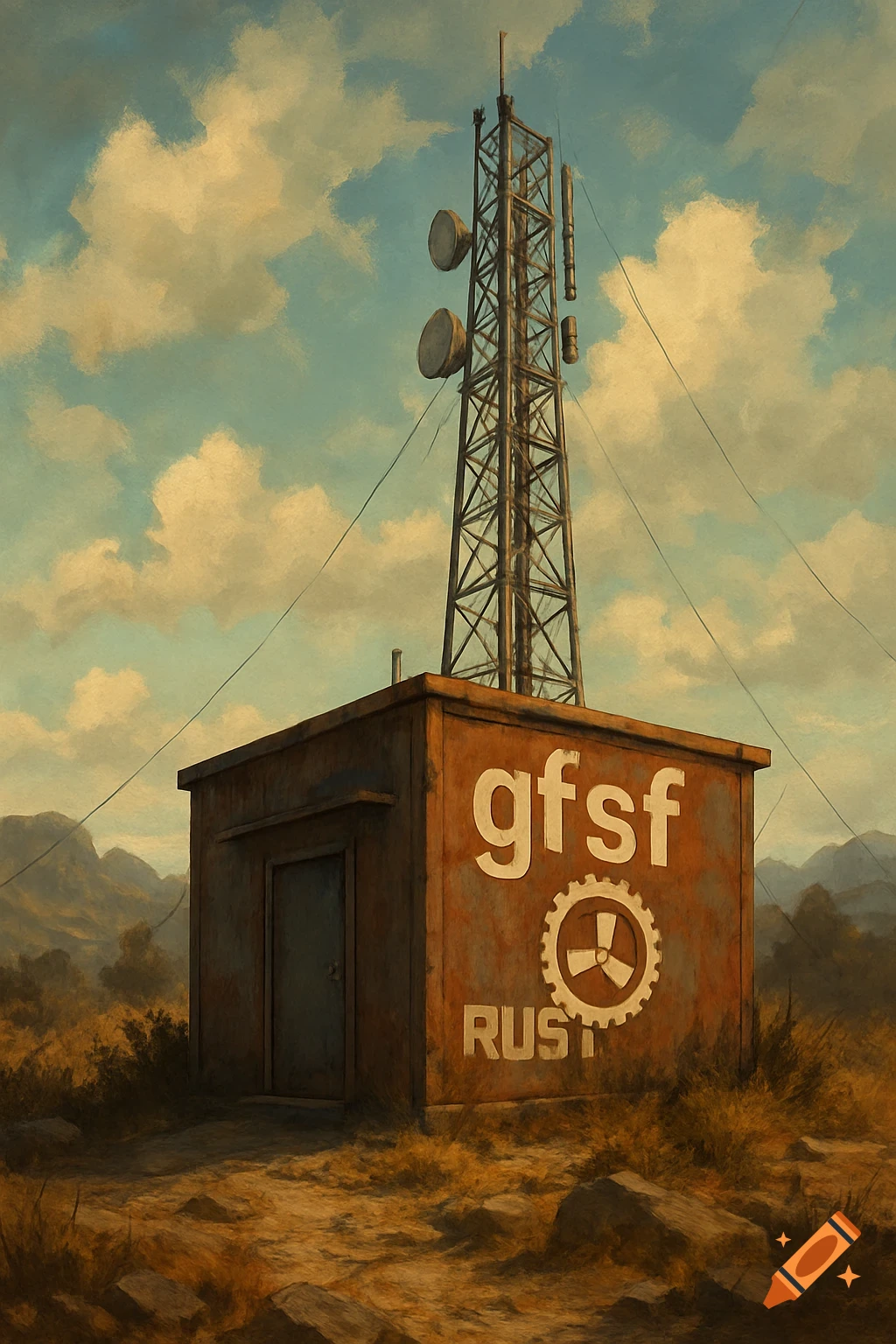 A communication tower and building labeled 'gfsf RUST' in a rustic ...
