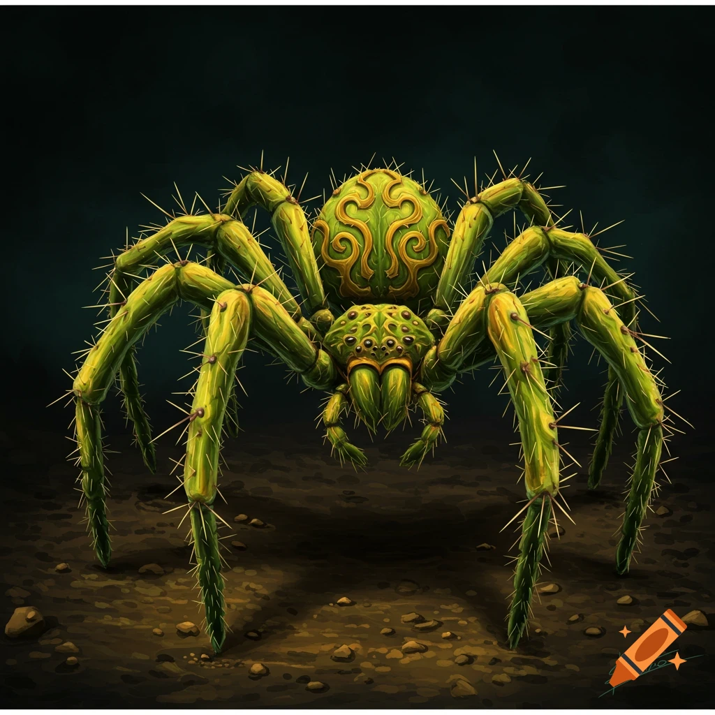 A green fantasy spider with cactus-like legs and patterned body stands ...