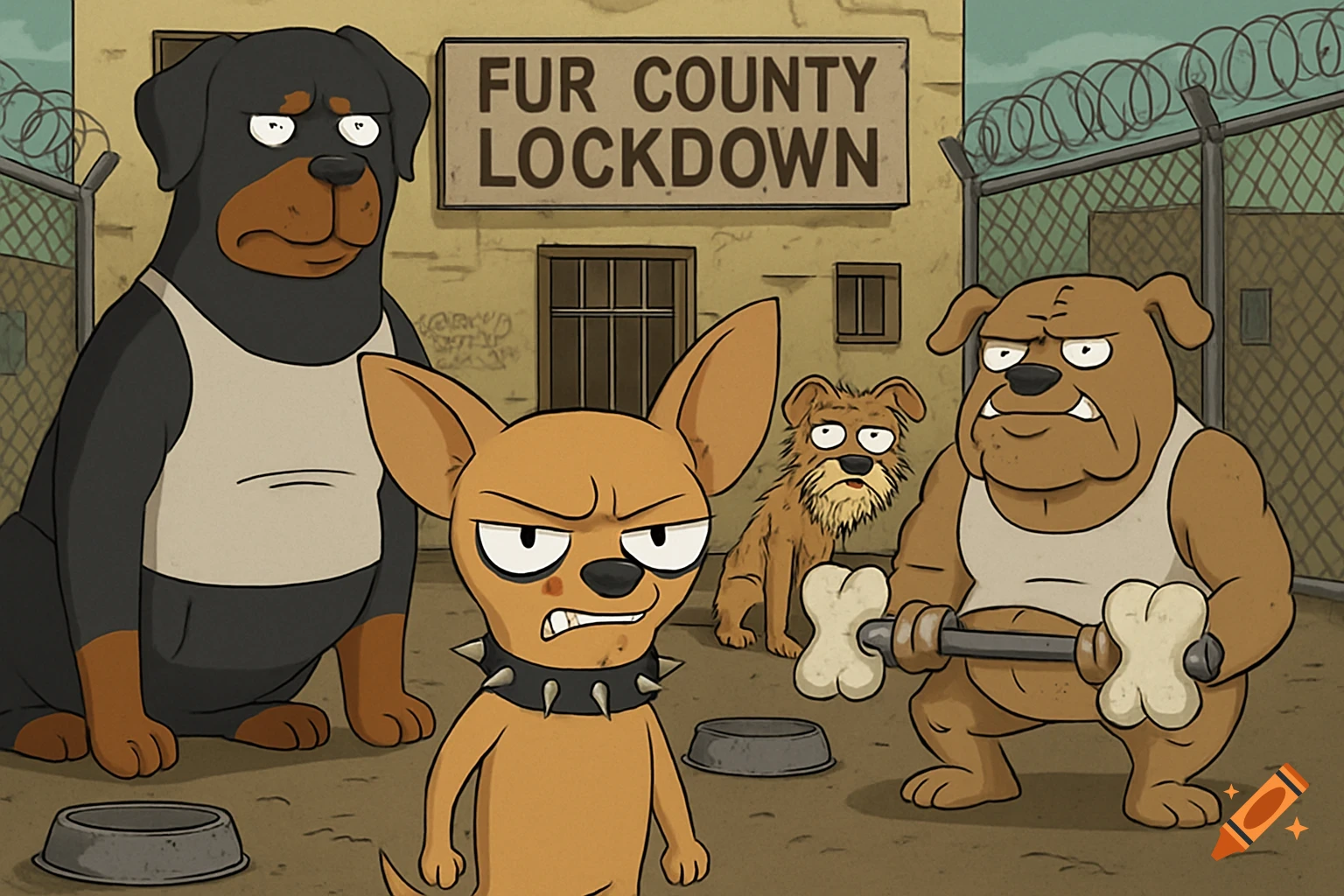 Cartoon dogs in a pound prison yard with a sign, fences, and food bowls ...