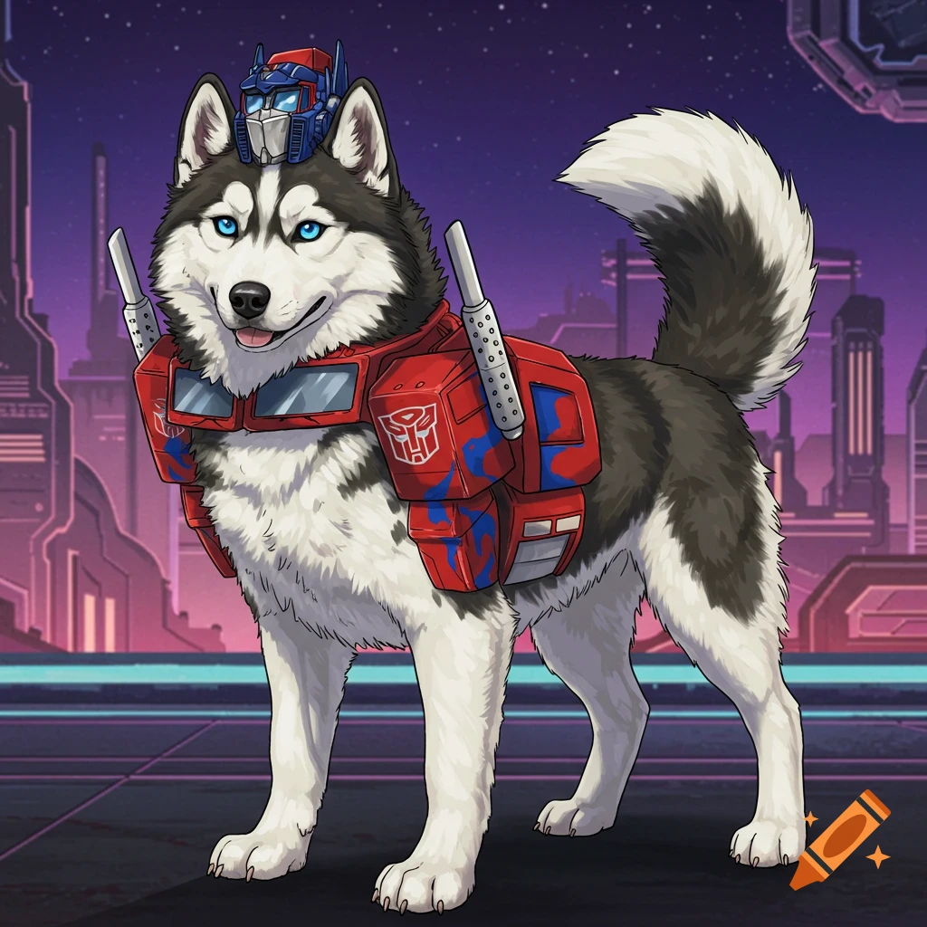 A husky dog wearing an Optimus Prime costume stands in a futuristic ...