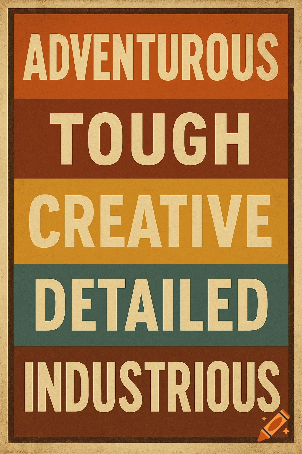 Vintage poster with the words Adventurous, Tough, Creative, Detailed ...