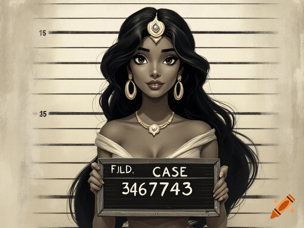 Stylized illustration of Princess Jasmine from Disney in a mugshot, holding a sign with a case ...