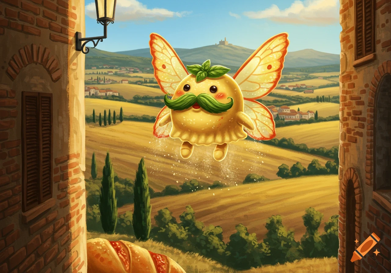 Cartoon ravioli creature with basil mustache and butterfly wings flies ...