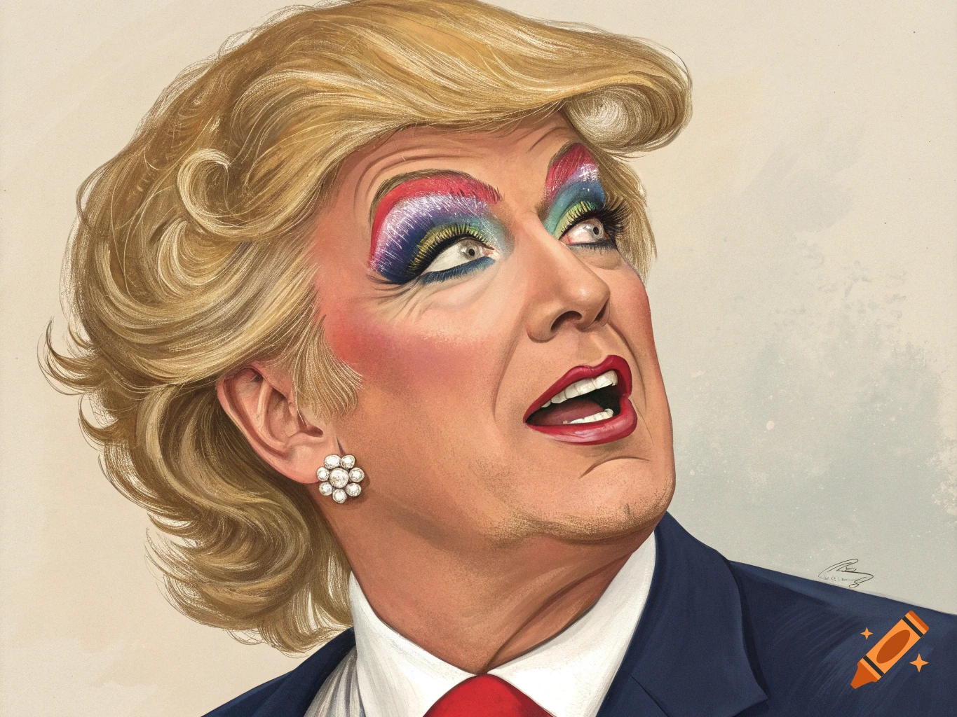 Caricature portrait of Donald Trump in drag makeup and blonde wig on ...