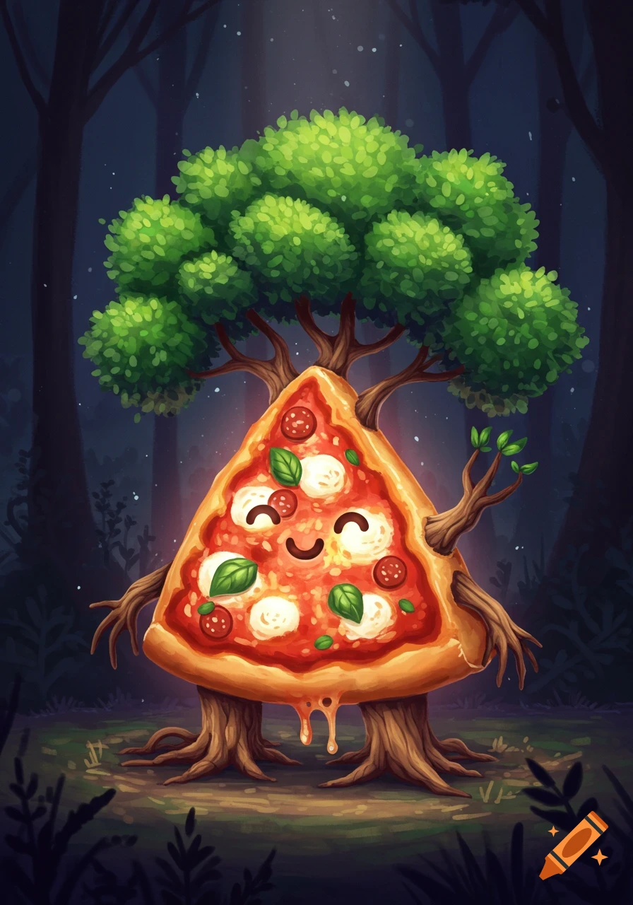 A cartoon slice of pizza personified as a happy tree creature standing ...