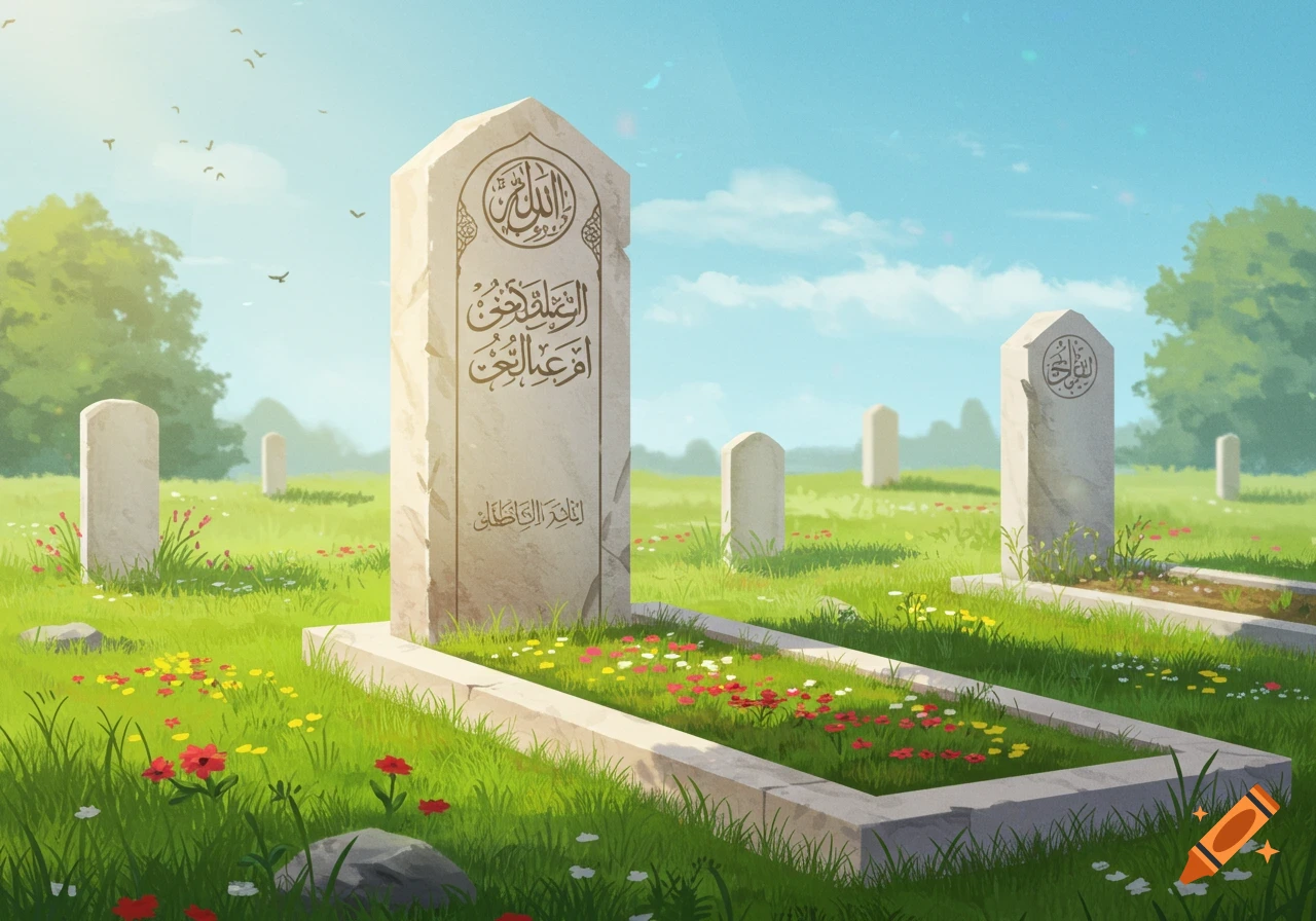 An illustration of a sunny graveyard with many gravestones in a grassy ...