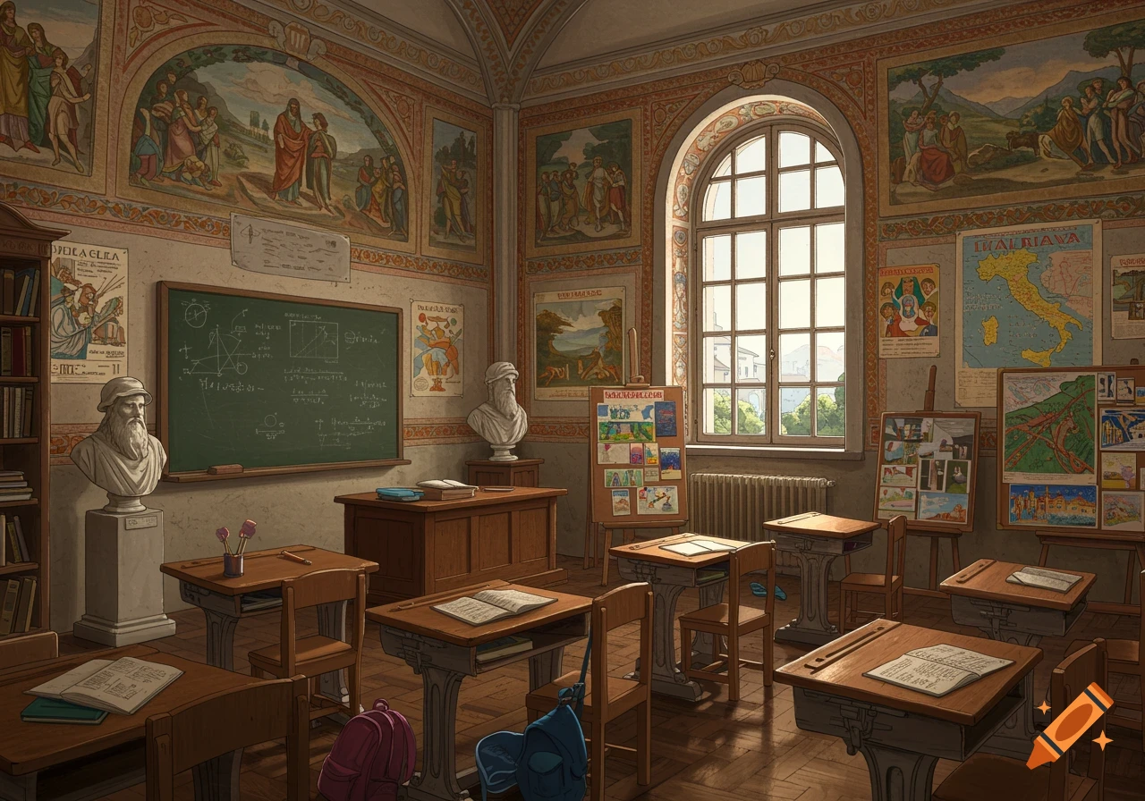 An old-fashioned Italian classroom with desks, a chalkboard, maps, and ...
