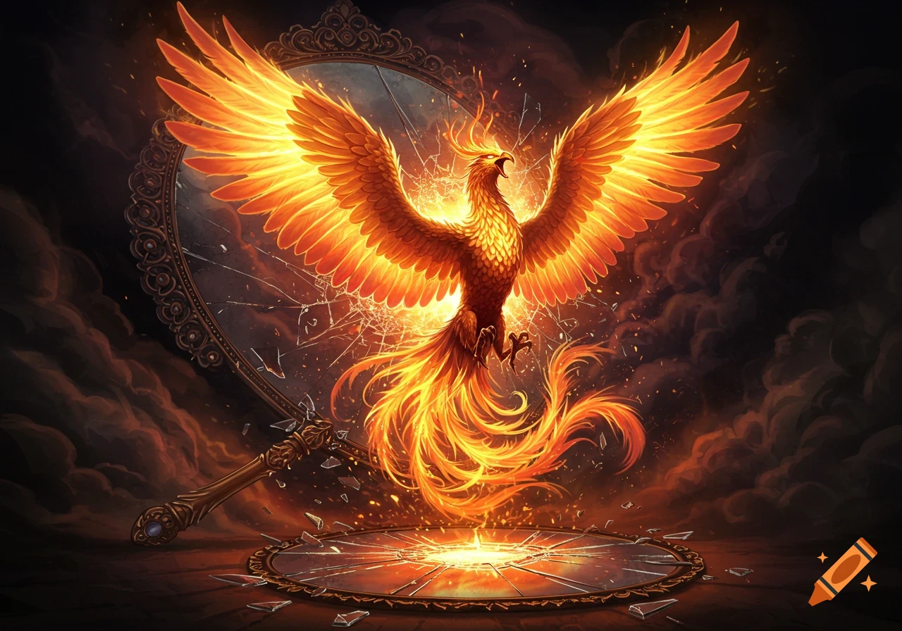 A fiery phoenix rises from a broken mirror surrounded by embers. on Craiyon