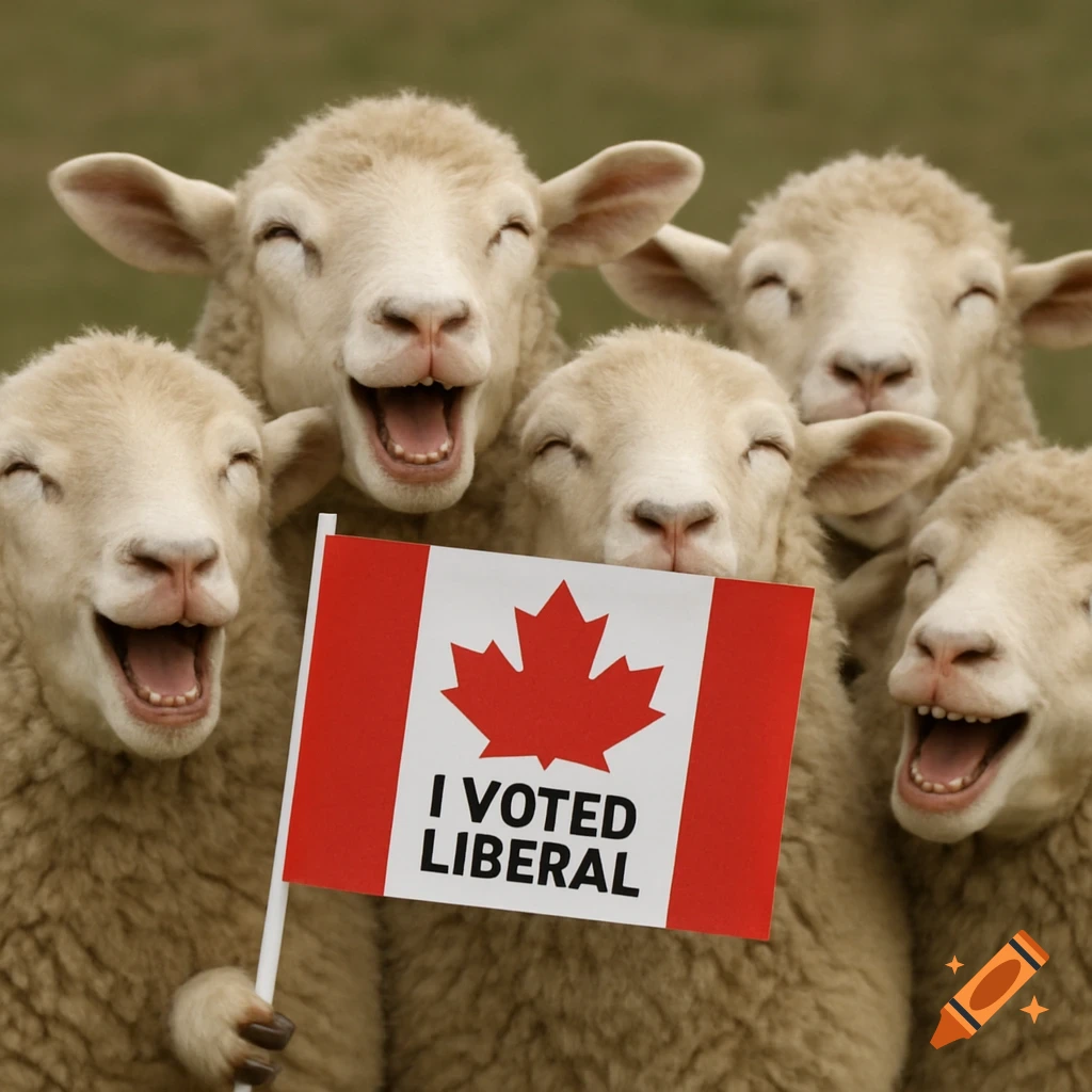 Five laughing sheep pose with a Canadian flag that says 'I VOTED ...