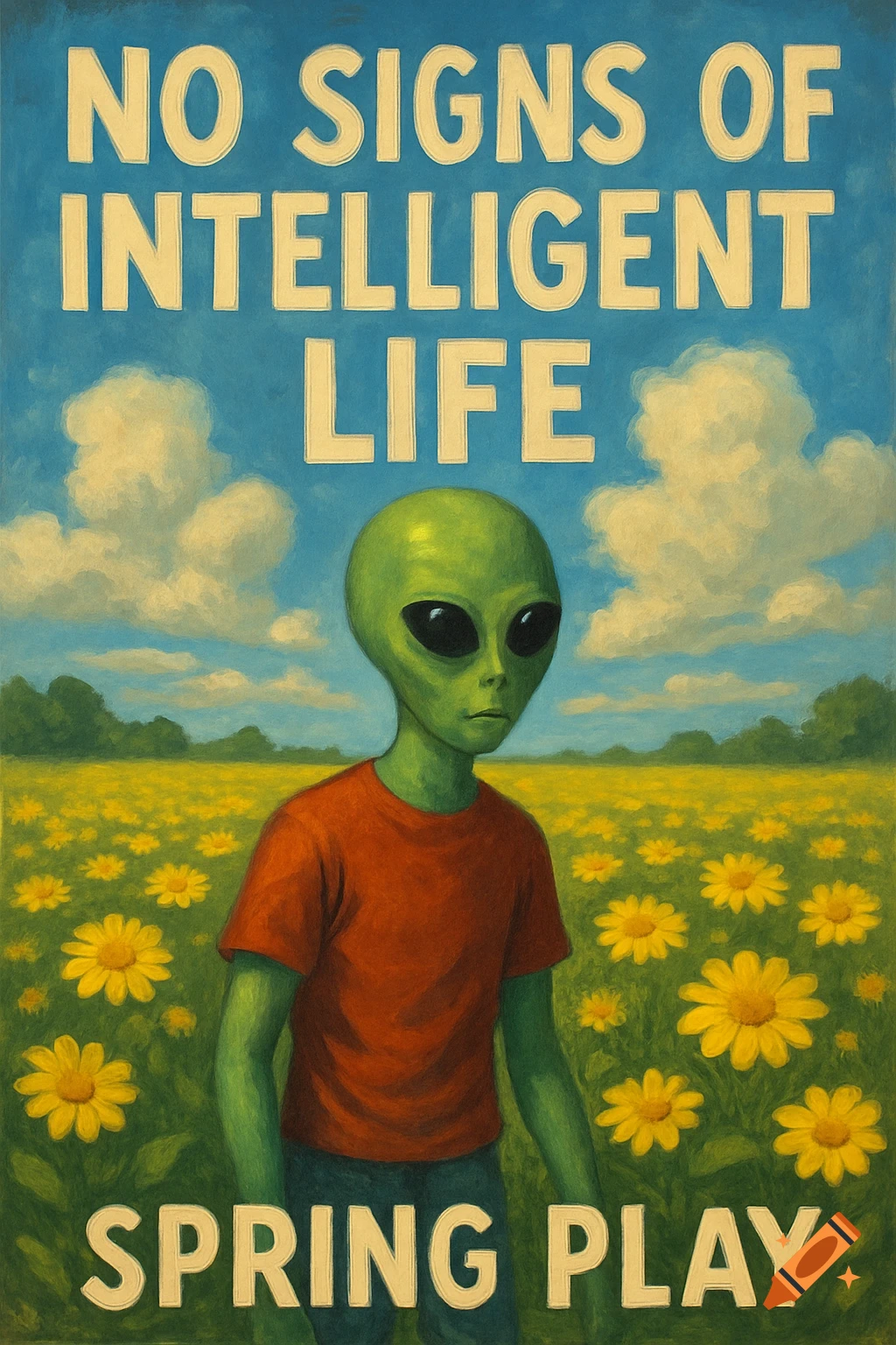 Poster of green alien in red shirt in a field of yellow flowers under ...